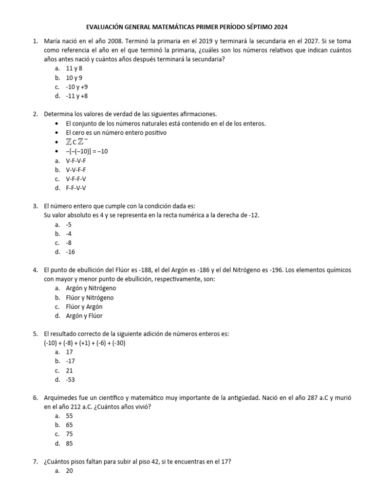 Evaluación Matemáticas Séptimo 2024 | PDF | Entero | Matemáticas