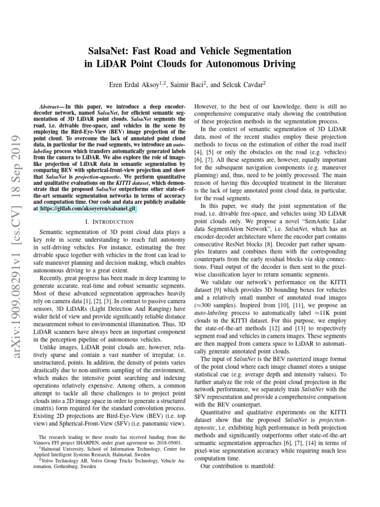 Salsanet: Fast Road and Vehicle Segmentation in Lidar Point Clouds For Autonomous Driving | PDF ...