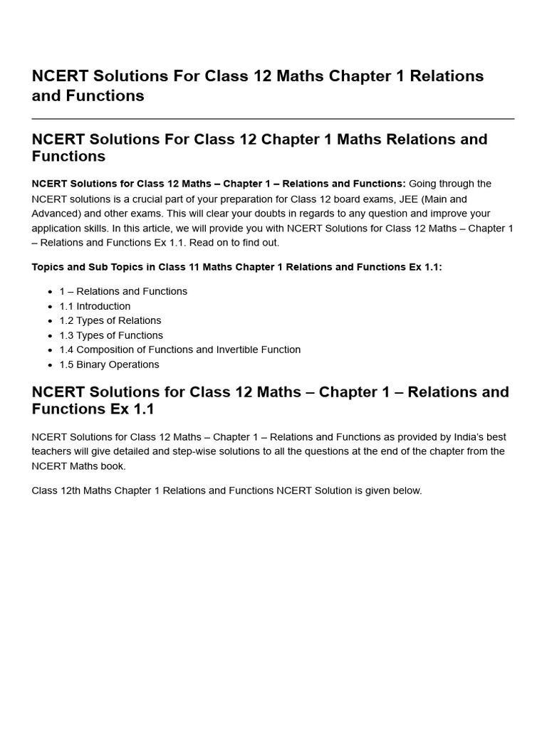 NCERT Solutions For Class 12 Maths Chapter 1 Relations and Functions | PDF