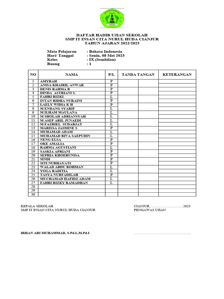 Absensi Ujian Siswa | PDF