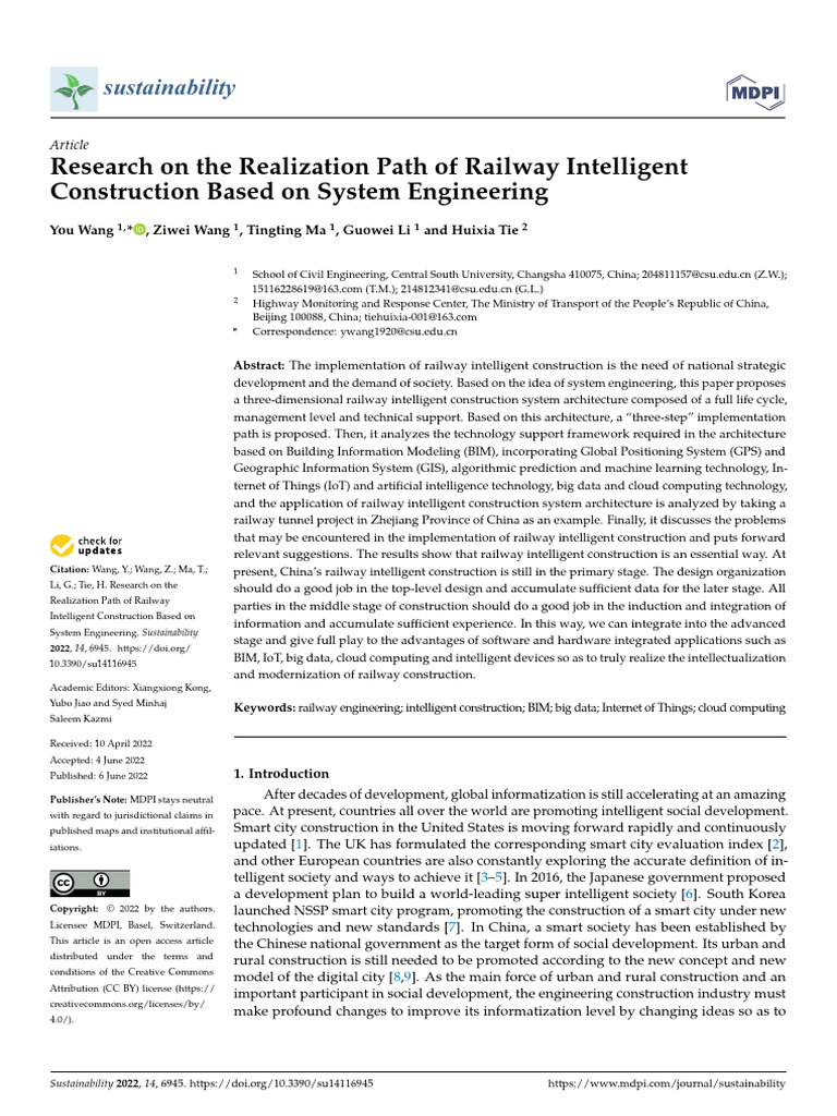 MDPI - Research On The Realization Path of Railway Intelligent Construction Based On System ...