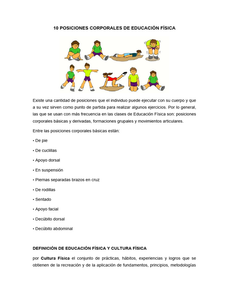 10 POSICIONES CORPORALES DE EDUCACIÓN FÍSICA | PDF | Educación Física ...