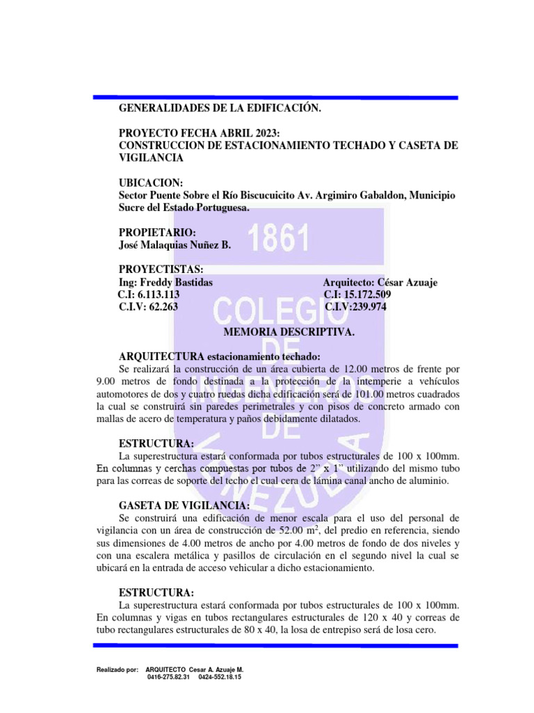 Memoria Desc Const. Estacionamiento y Caseta de Vigilancia Ariete | PDF ...