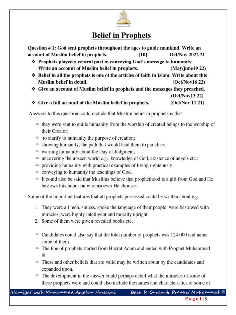 Muslim Beliefs in Prophets Explained | PDF | Prophets And Messengers In ...