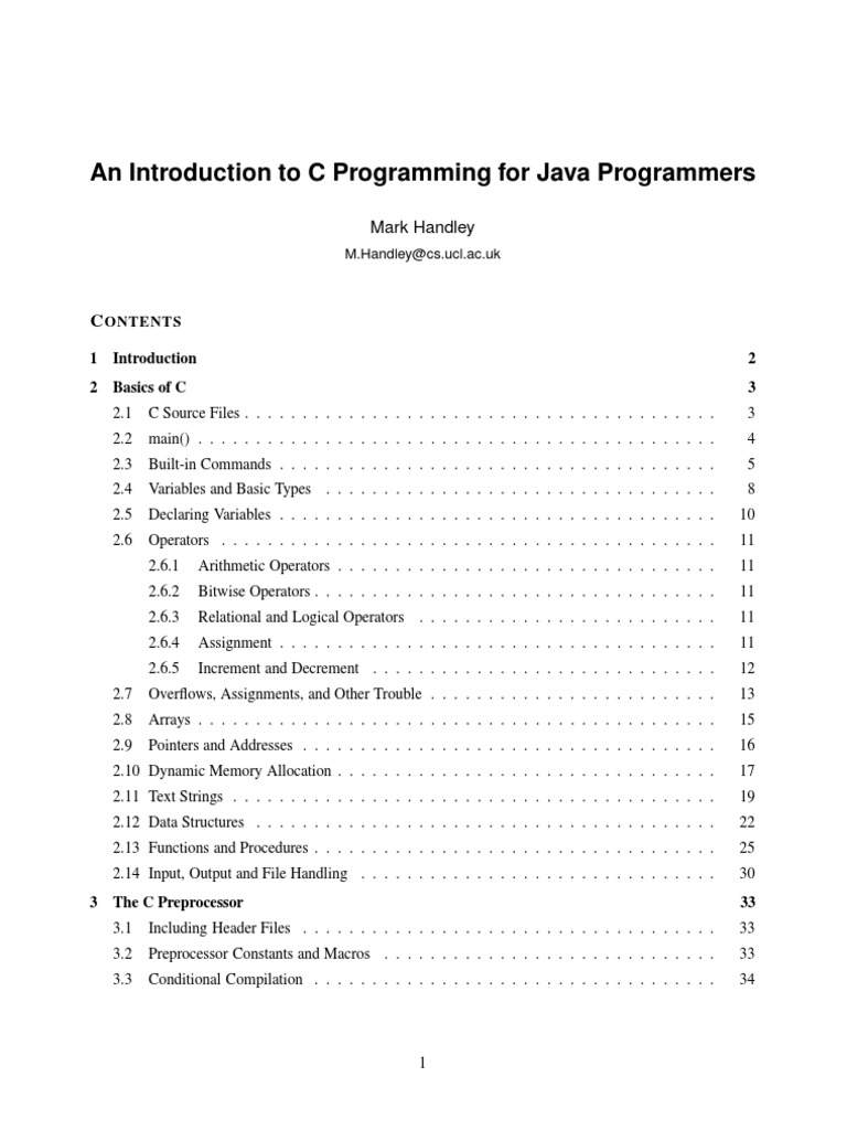 An Introduction To C Programming For Java Programmers Mark Handley Pdf C Programming 1035