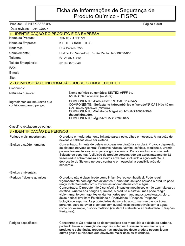 FISPQ do Produto Sintetizador AFFF 3% | PDF | Cloro | Química