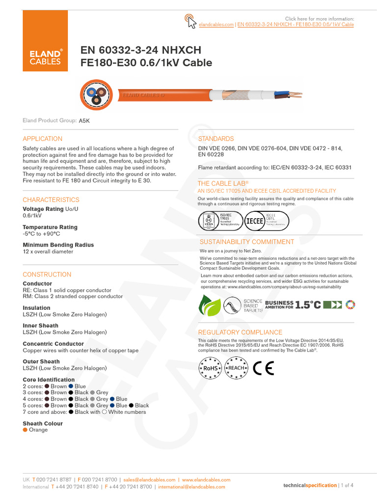 En 60332 3 24 NHXCH Fe180 E30 0 6 1kv Cable | PDF | Electrical Conductor | Wire