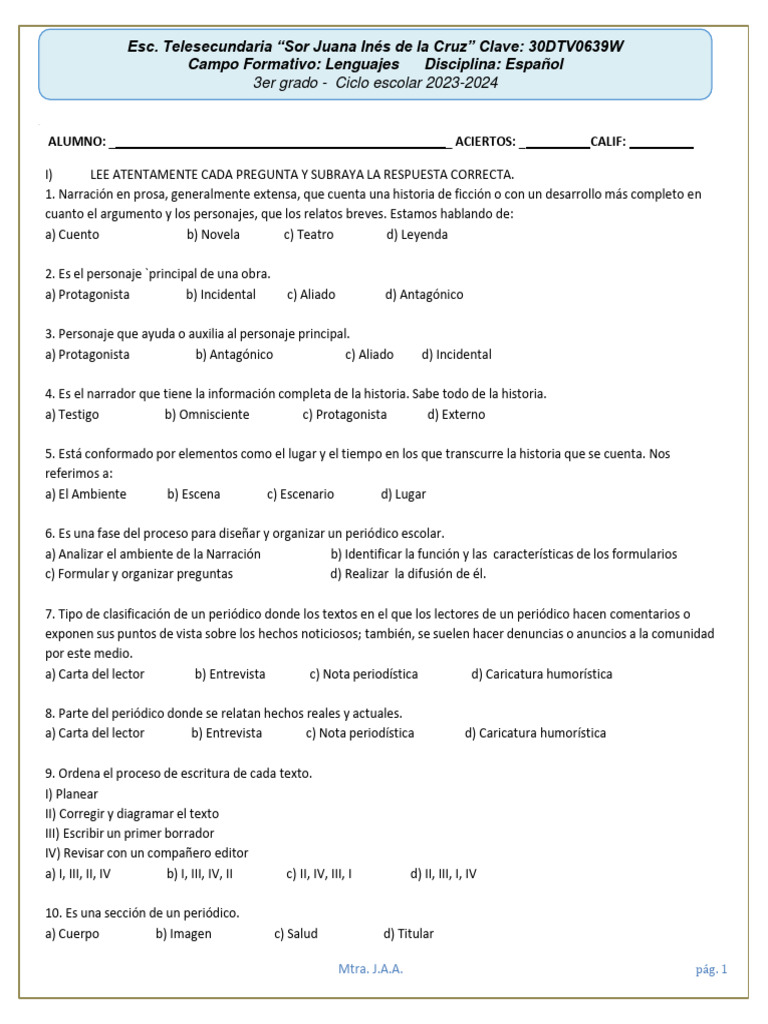 Español 3ro. Examen | PDF | Narración