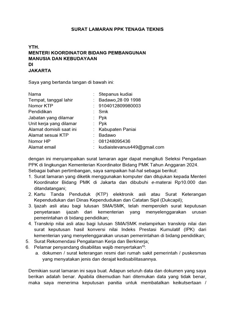 Format Surat Lamaran PPK Tenaga Teknis 2024 | PDF