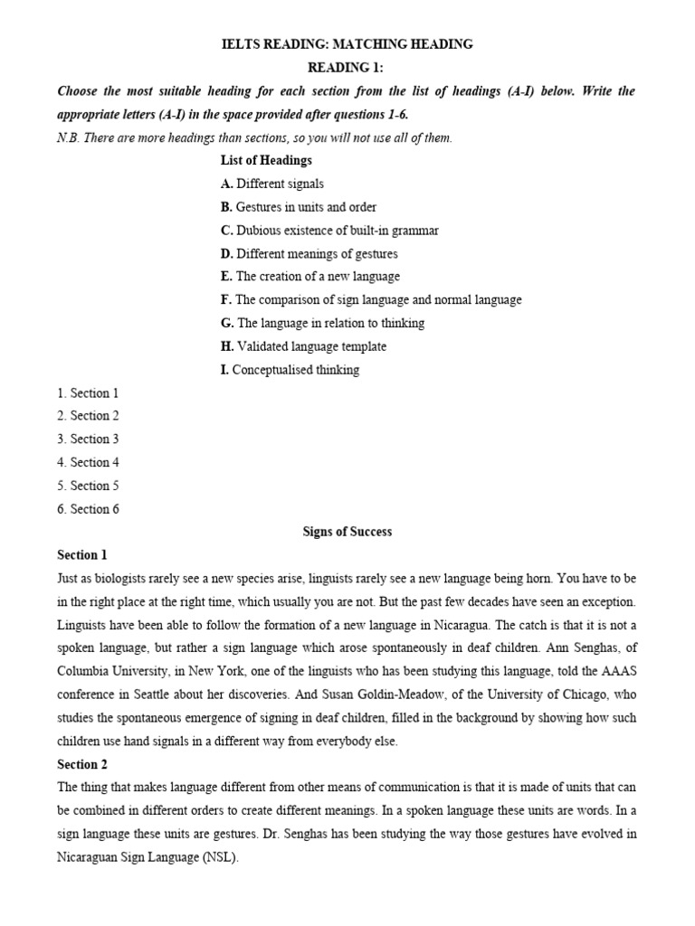 IELTS Reading: Heading Matching Guide | PDF