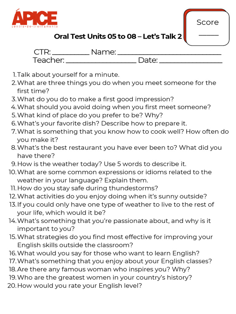 Test Units 05 To 08 - Let's Talk 2 | PDF | Learning