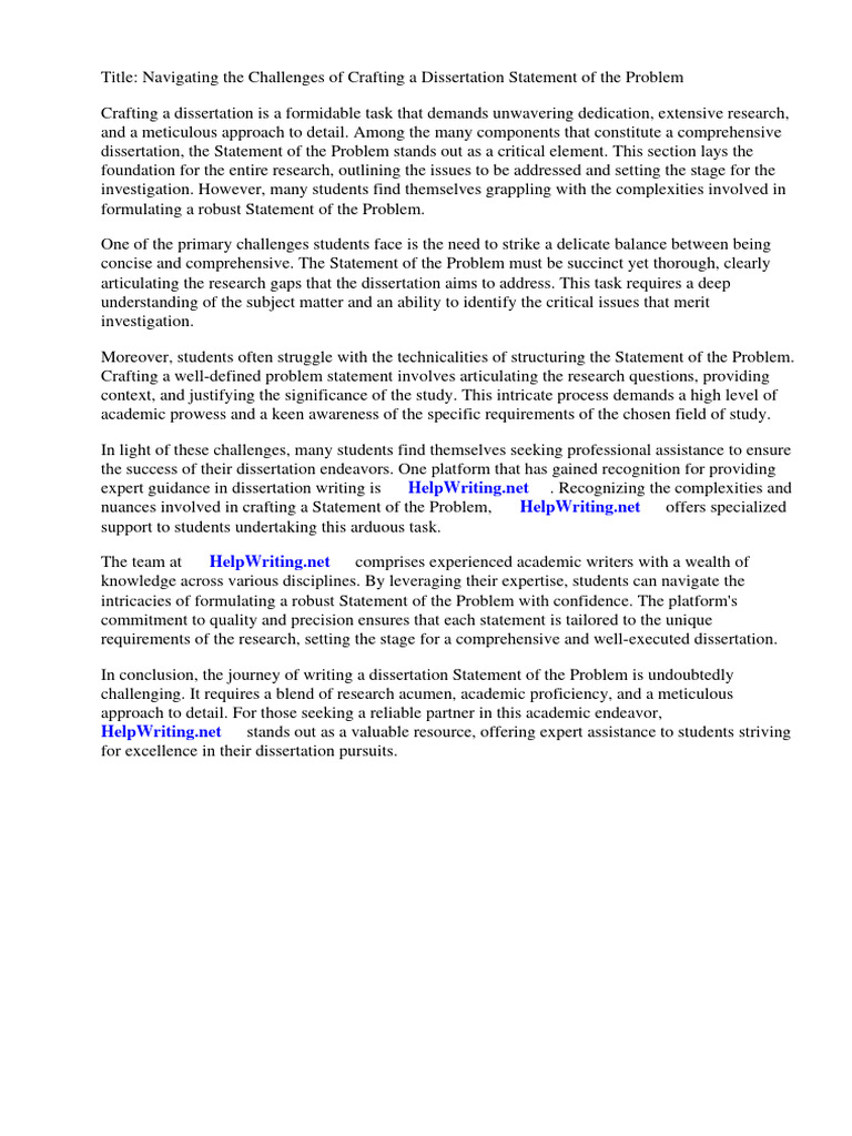 Dissertation Statement of The Problem | PDF