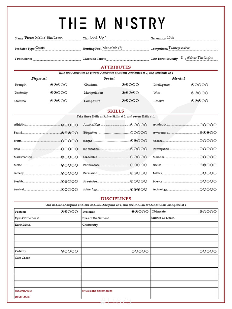 Ministry Character Sheet For VTM LARP V5 | PDF