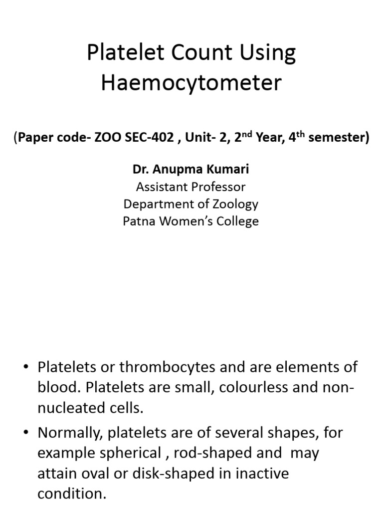 Platelet Count by Haemocytometer 2nd Year Notes | PDF | Platelet | Bleeding