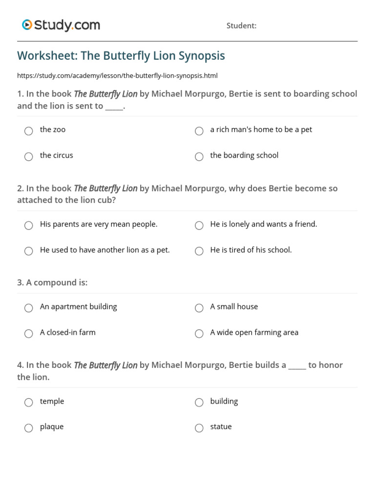 Butterfly Lion Worksheet and Synopsis | PDF | General Fiction