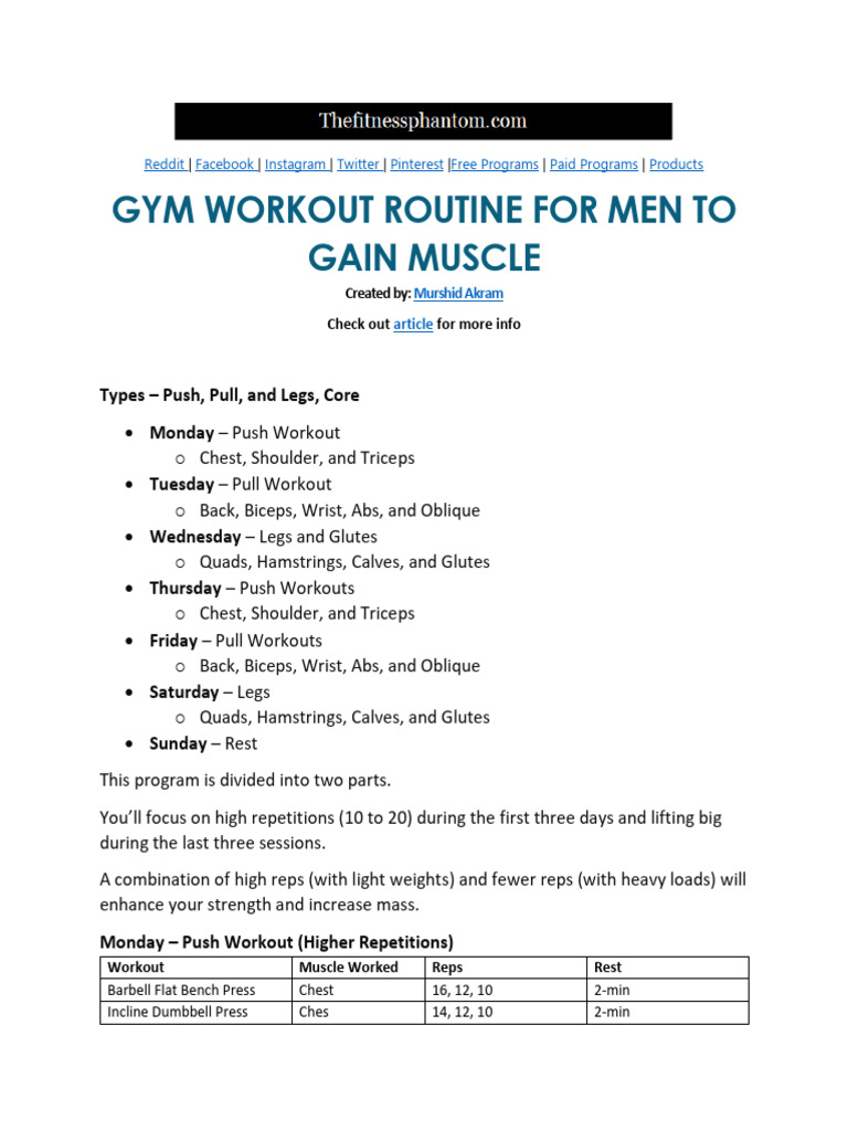 Muscle Building Gym Workout Routine For Men | PDF | Strength Training ...