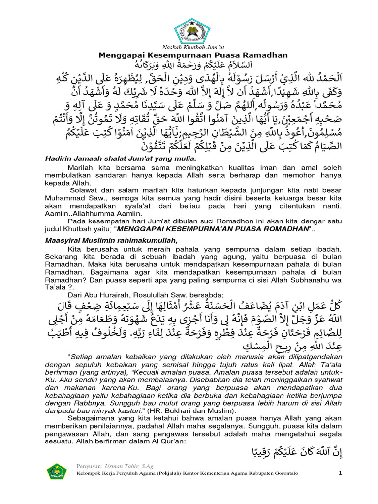 Khutbah Jum'at Menggapai Kesempurnaan Ibadah Puasa | PDF