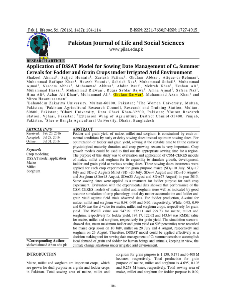 Application Of Dssat Model For Sowing Date Management Of C4 Summer Pdf Cereals Maize