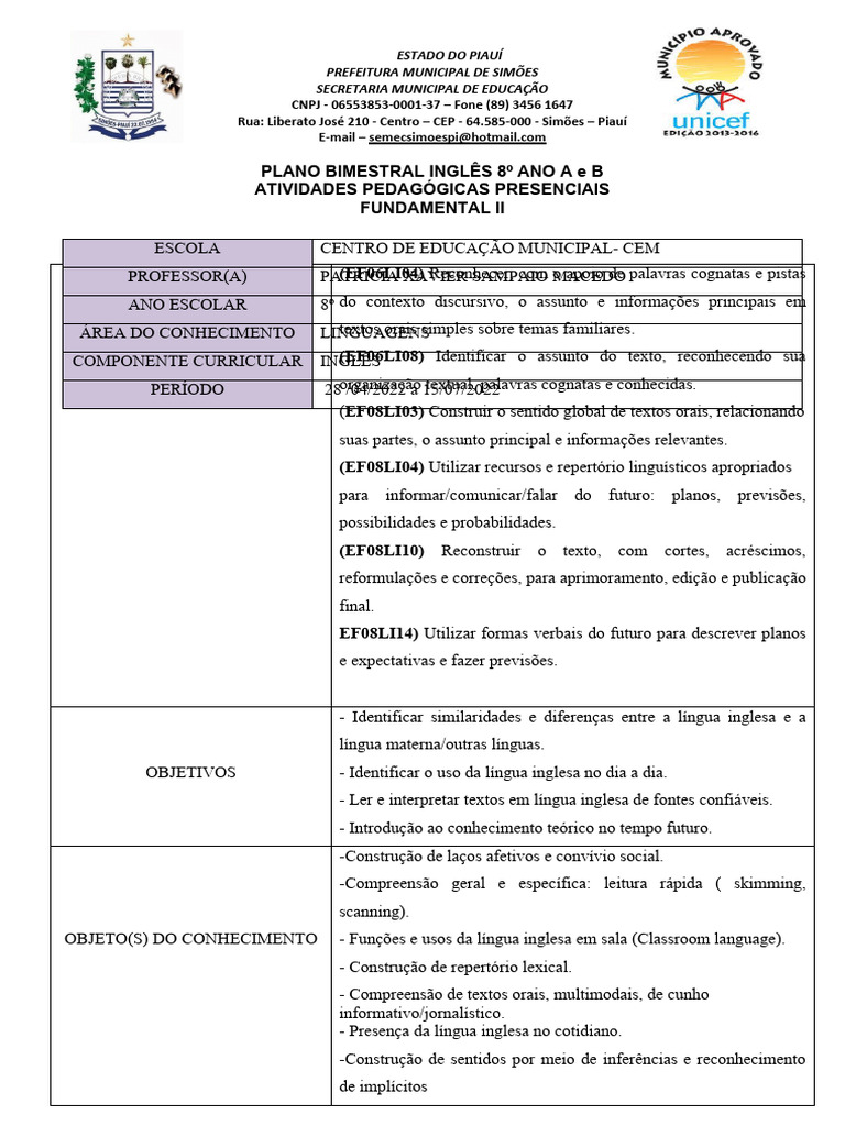 II PLANEJAMENTO BIMESTRAL DE INGLÊS 8 Ano A e B. | PDF | Livros ...