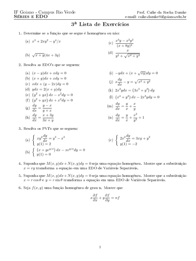 Lista de Exercícios de EDO e Séries | PDF | Objetos matemáticos | Conceitos matemáticos