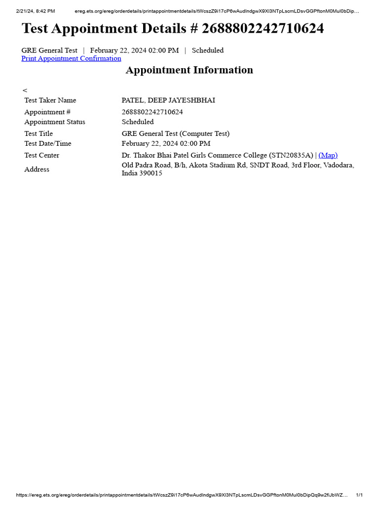 Test Appointment Details # 2688802242710624 | PDF
