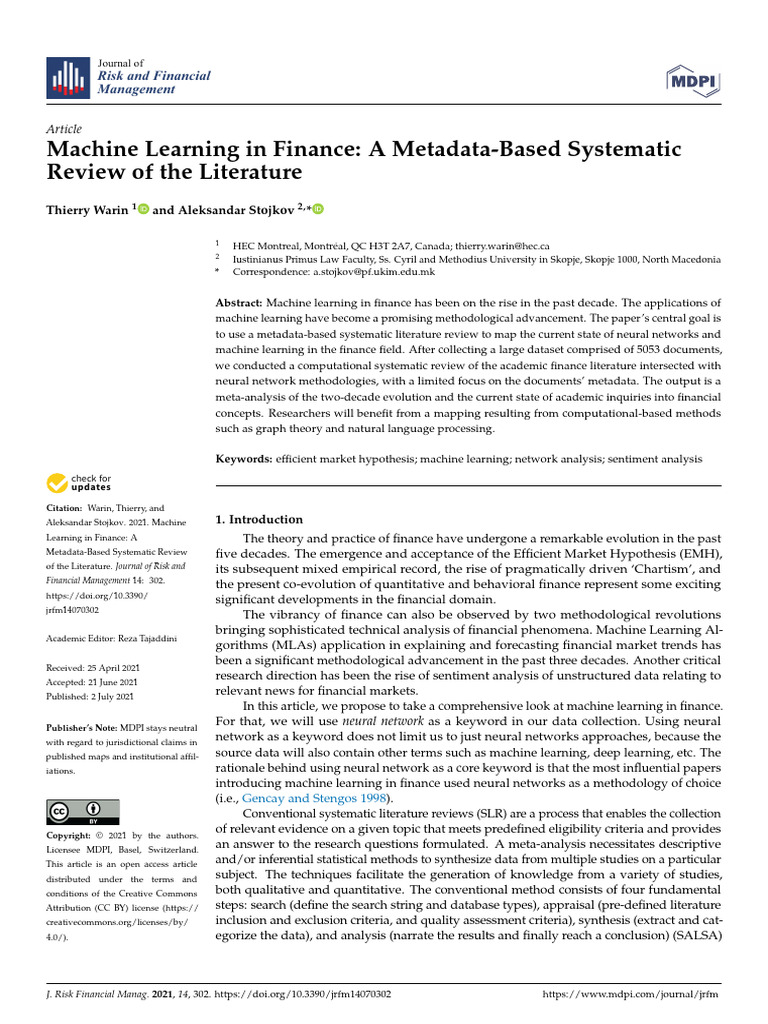 Machine Learning in Finance A Metadata-Based Systematic Review of The ...