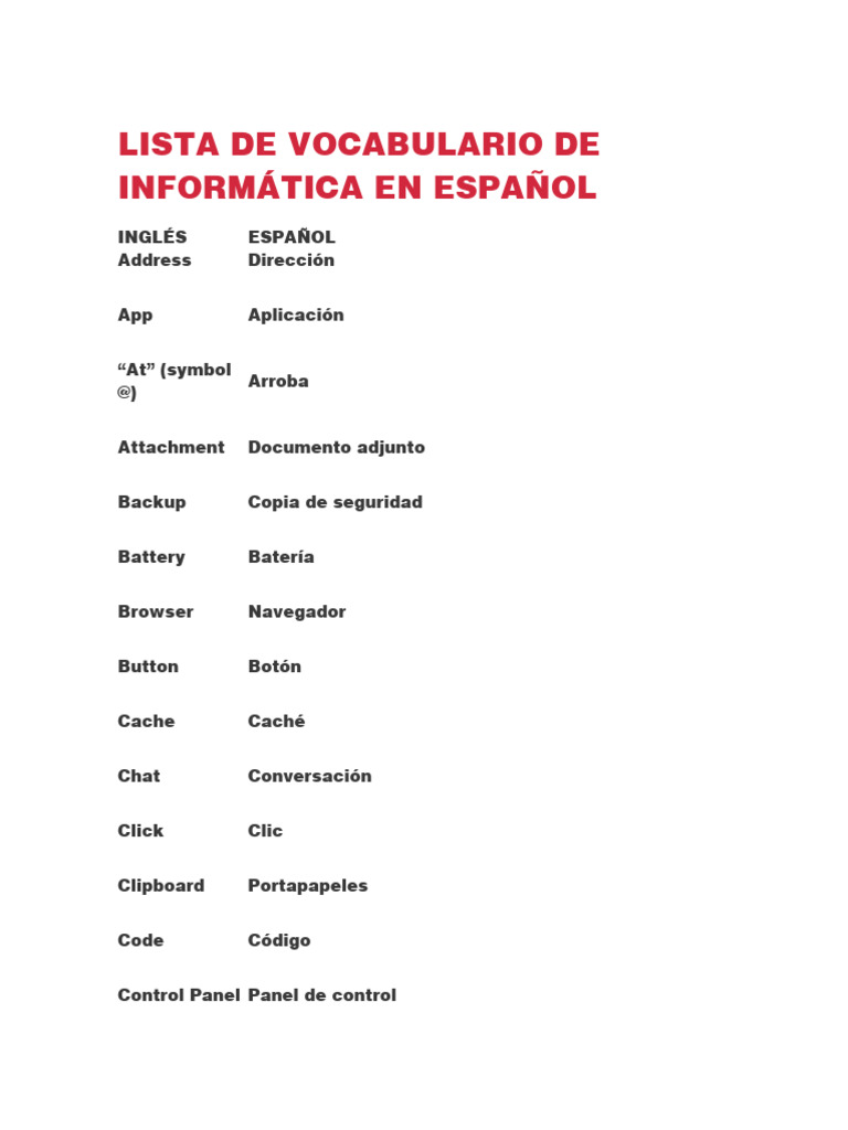 Lista de Vocabulario de Informática en Español | PDF | Spamming ...