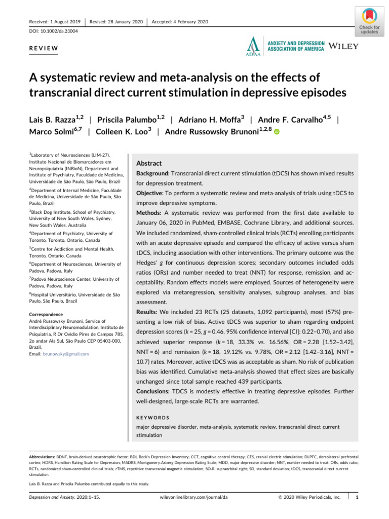 tDCS for Depression: Systematic Review & Meta-Analysis | PDF | Major ...