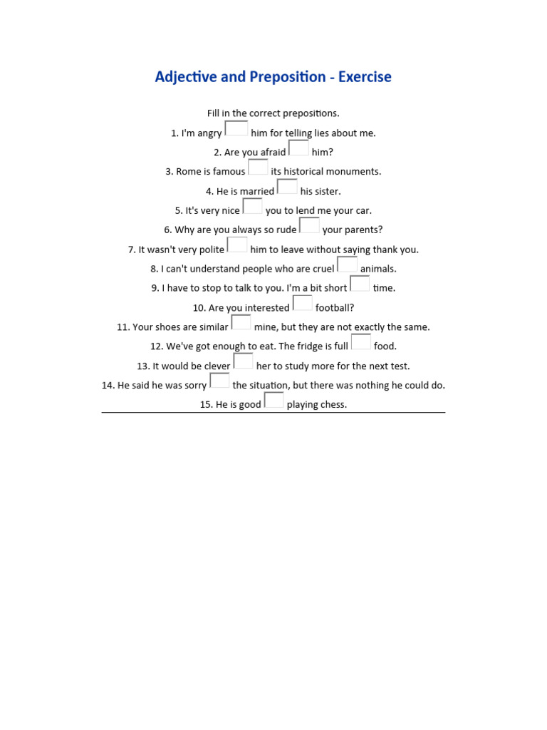Adjective and Preposition Exercise Fill in | PDF