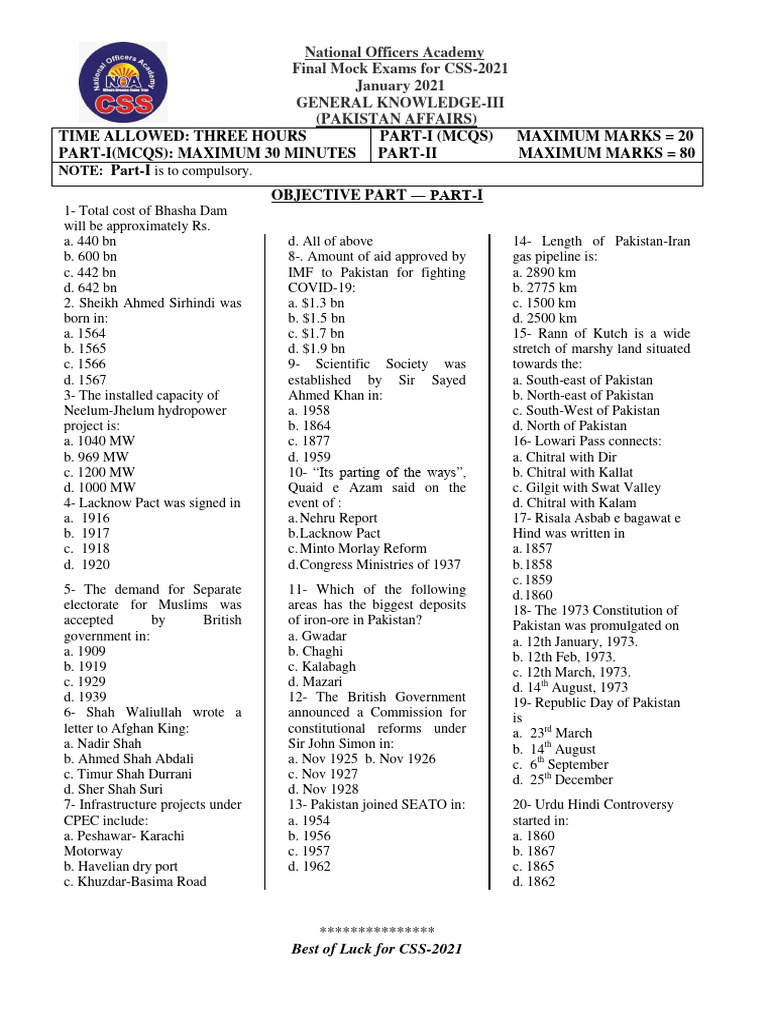 Pakistan Affairs-OBJECTIVE-january | PDF | Pakistan | South Asia