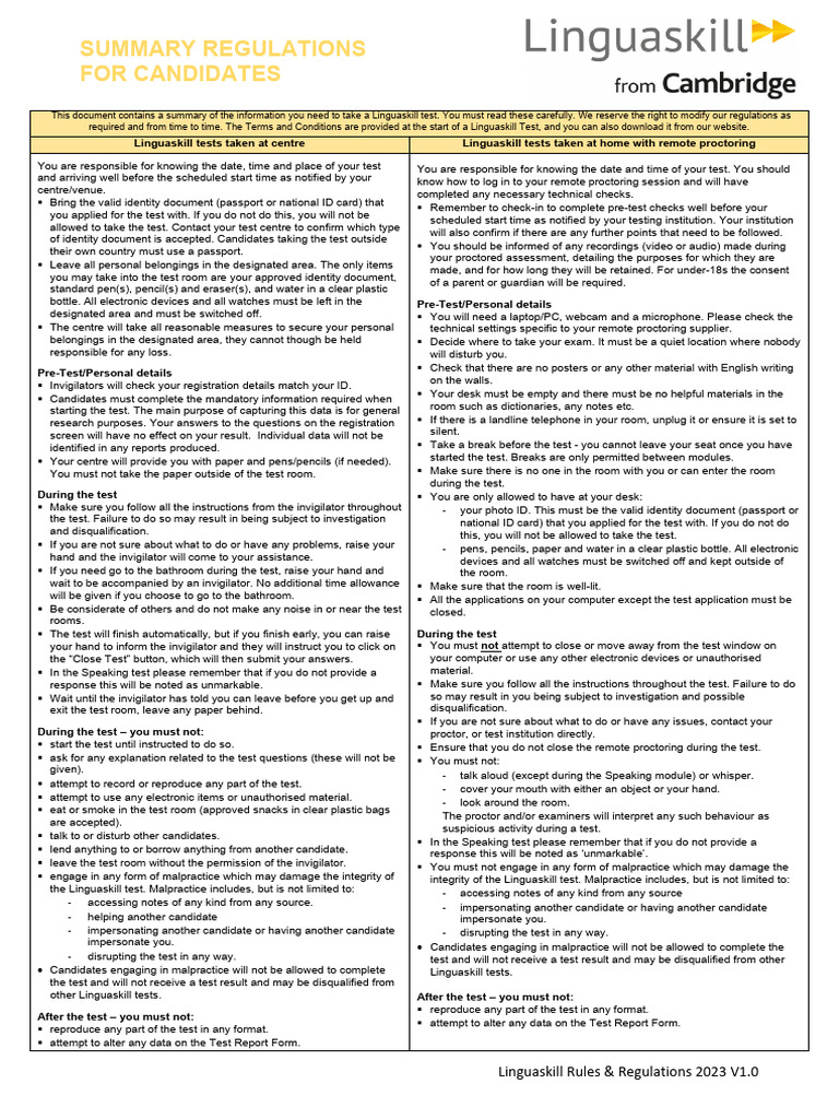 Linguaskill Rules and Summary Regulations | PDF