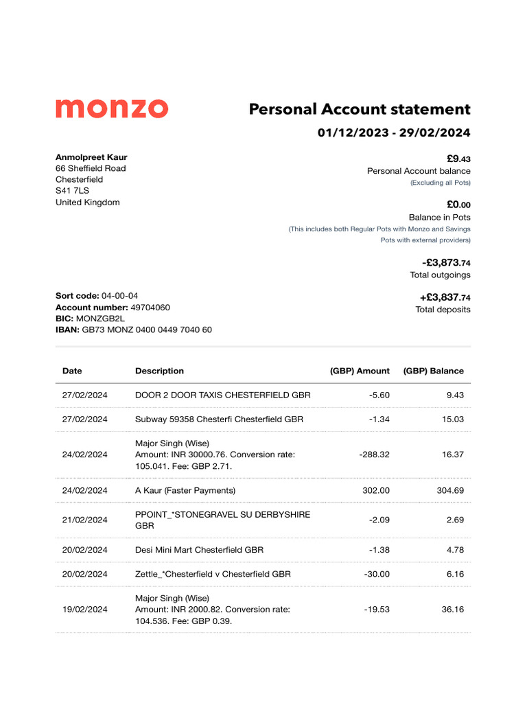 Monzo_bank_statement_2023-12-01-2024-02-29_8171 | PDF | Deposit Account ...