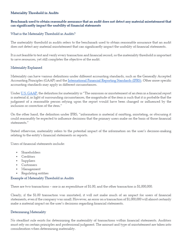 Materiality Threshold in Audits | PDF | Business | Accounting
