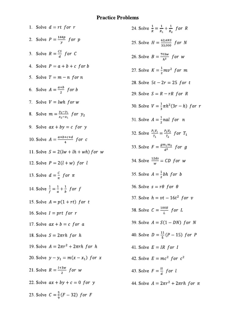 1 2 Solving Literal Equations Practice Pdf