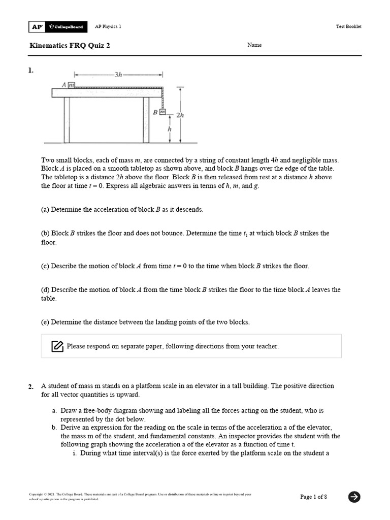AP Physics 1 01KinematicsFRQ Quiz2 | PDF | Force | Mass