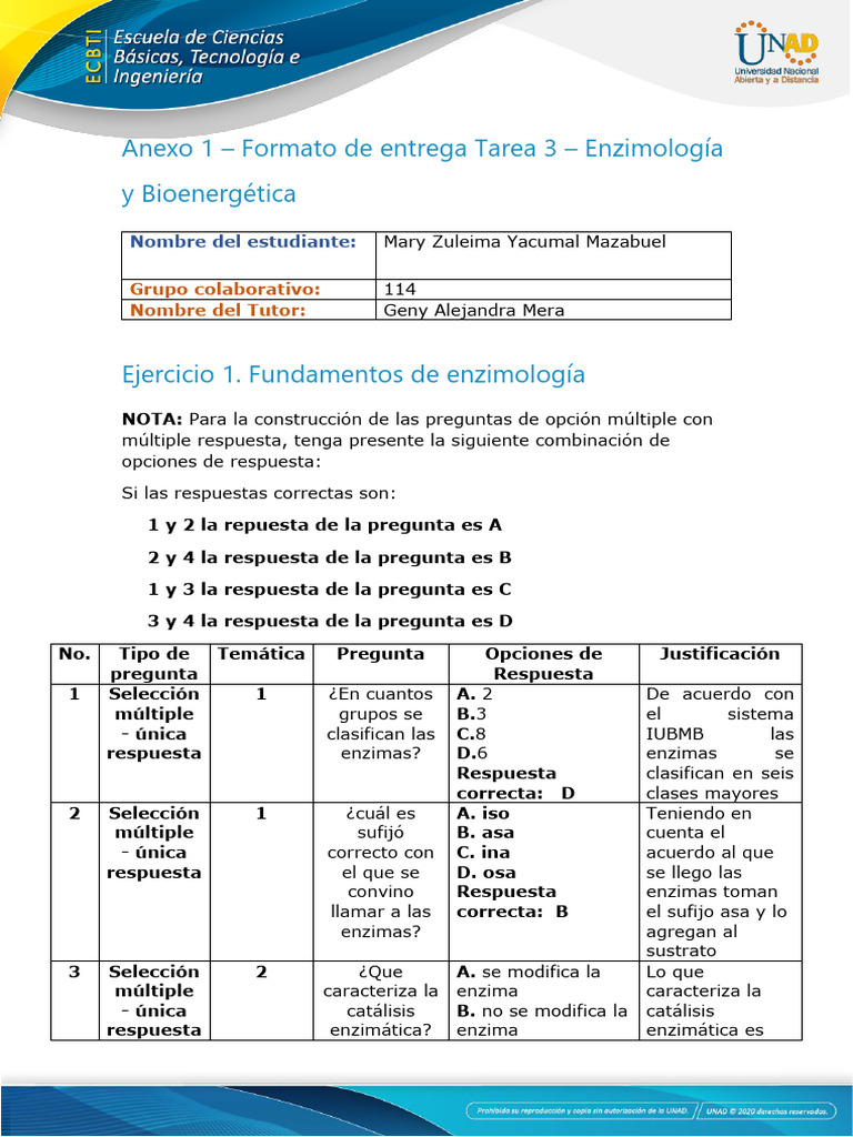 Bioquimica - 114 - Tarea 3 - Mary Zuleima Yacumal Mazabuel | PDF | Enzima | Catálisis