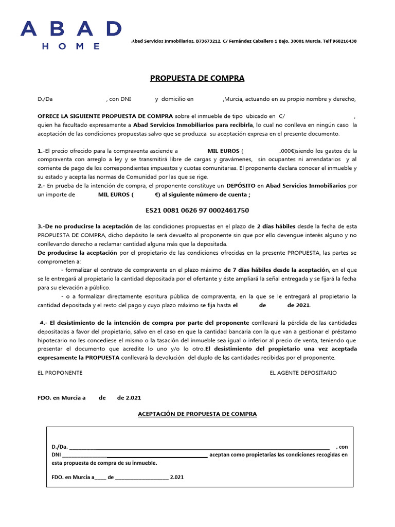 Modelo Oferta de Compra Con Deposito Abad Home 2021 | PDF | Economias