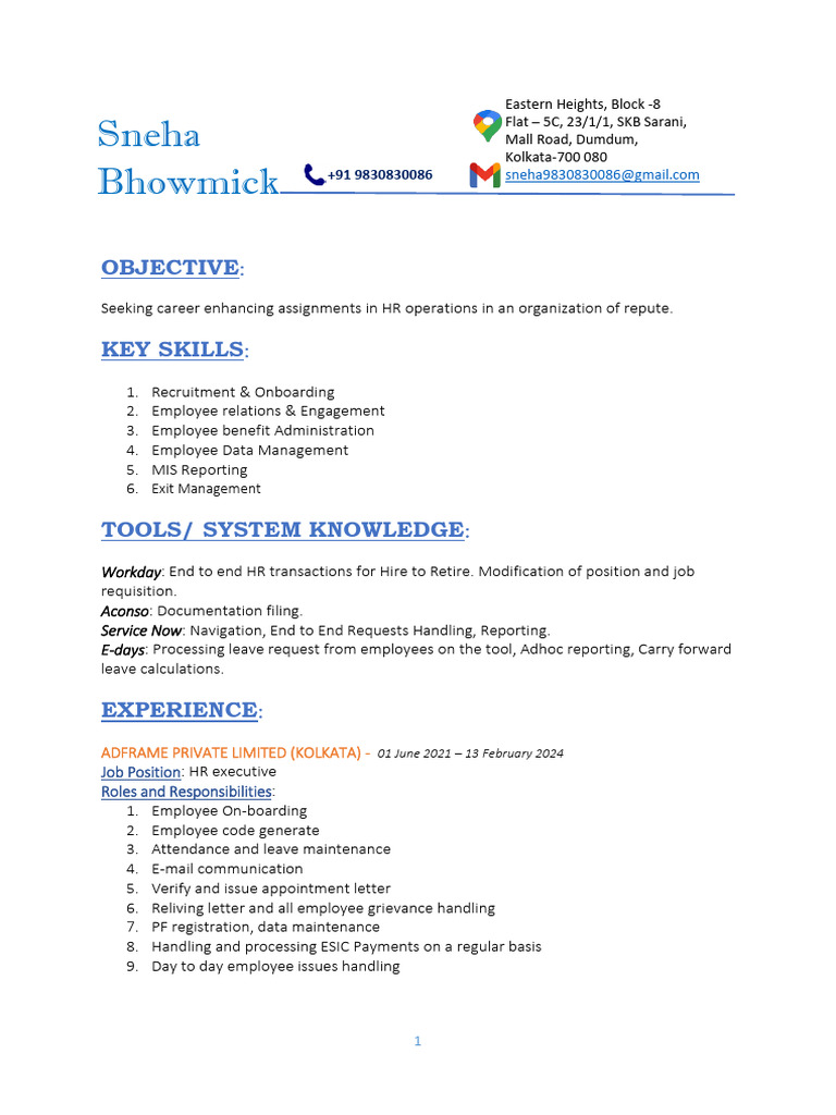 Sneha Resume Updated V2 | PDF | Employment | Human Resource Management