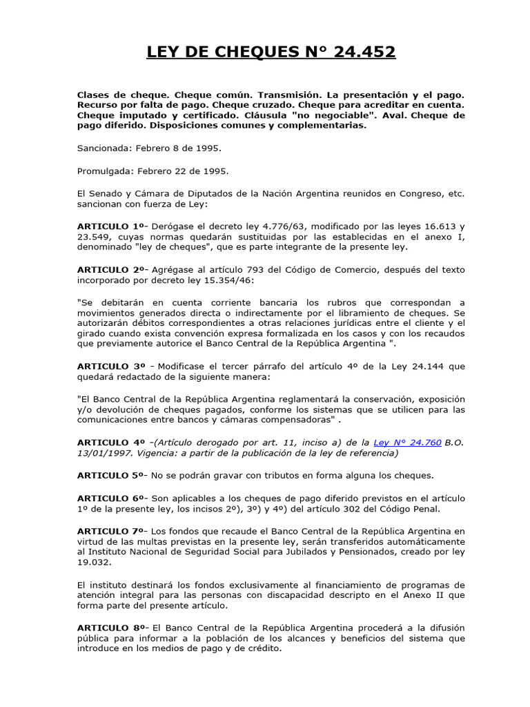 LEY DE CHEQUES 24.452 | PDF | Cheque | Trabajo Social