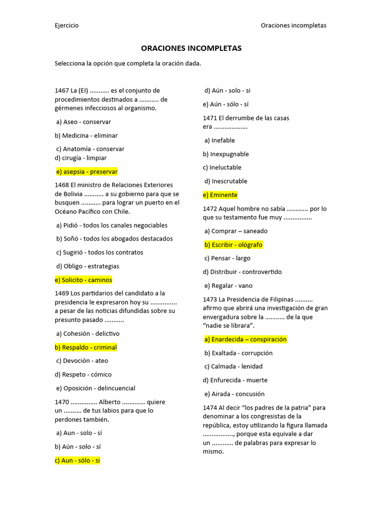 ORACIONES INCOMPLETAS Ejercicio 3 | PDF | Verbo
