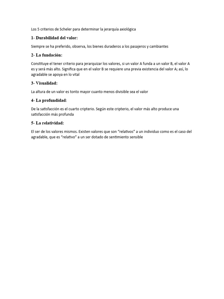 Los 5 Criterios de Scheler Para Determinar La Jerarquía Axiológica | PDF