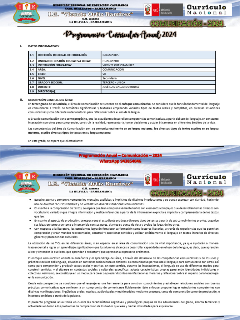 Programación Curricular Anual 2024 - Tercer Grado | PDF | Aprendizaje | Comunicación