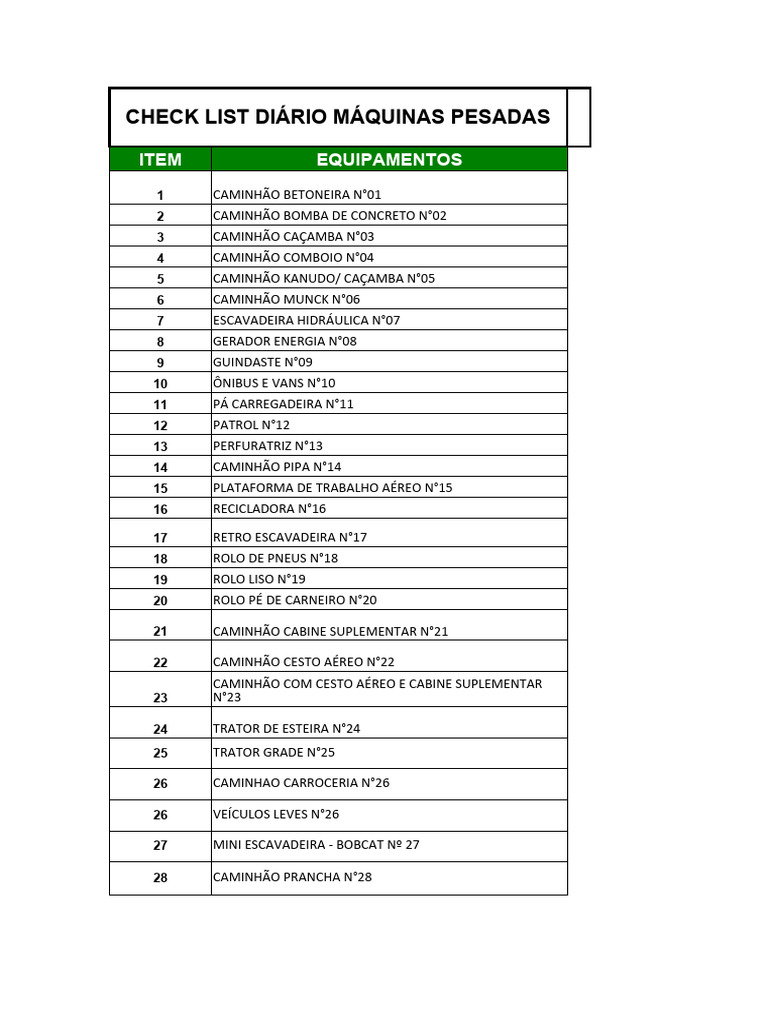 Check List Diário de Máquinas Pesadas | PDF | Freio | Eixo