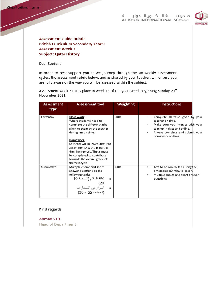 Yr9 Qatar History Assessment 2 Rubric 2021 | PDF | Educational ...