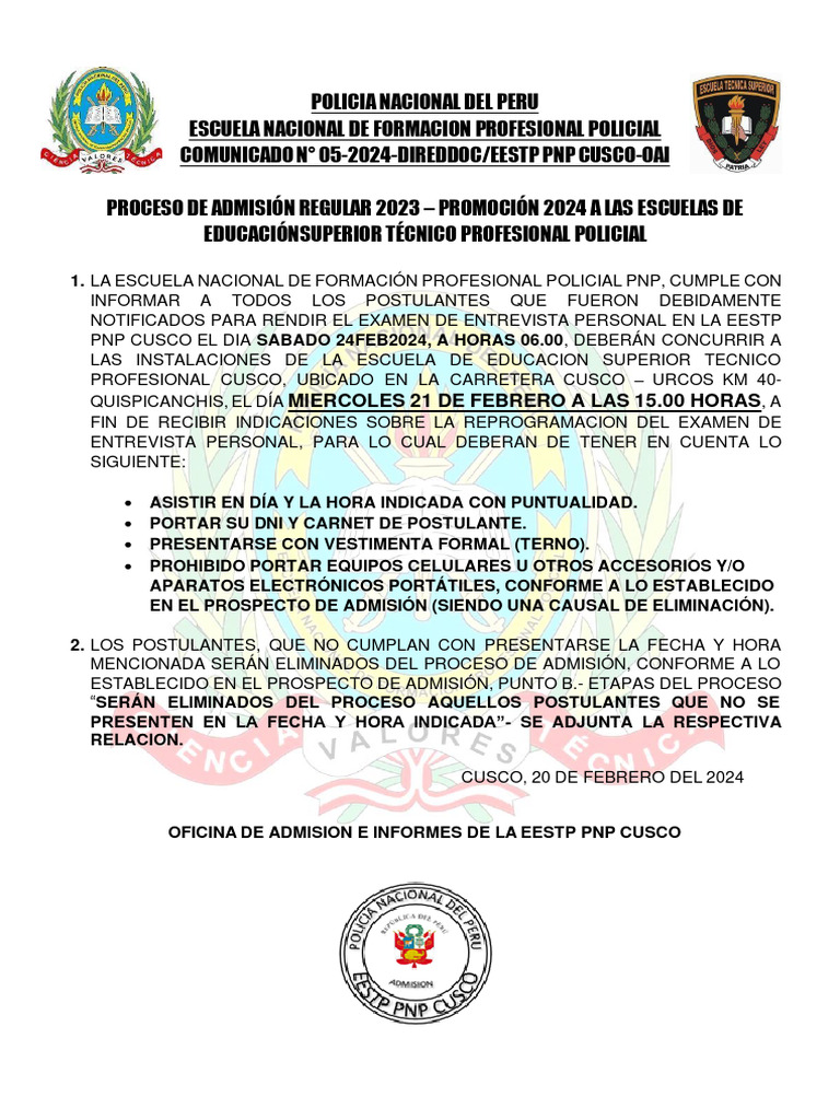 Comunicado 05 Eestp PNP Cusco 2024 | PDF | Perú