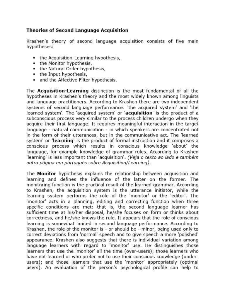 Krashen's Language Acquisition Theories | PDF | Second Language ...