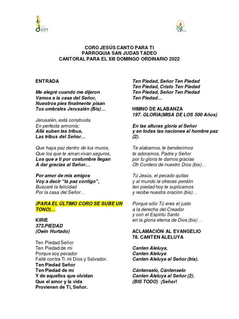 Cantoral Xiii Domingo Ordinario 2022 | PDF | Cristo (título) | eucaristía
