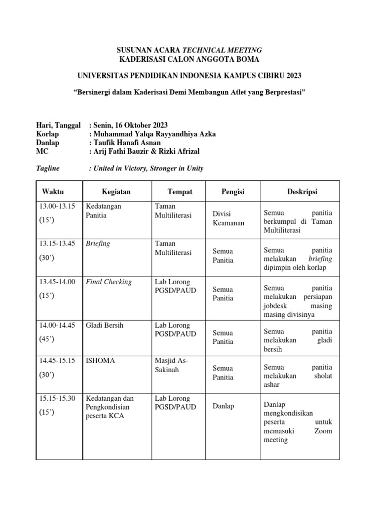 SUSUNAN ACARA TECHNICAL MEETING KCA BOMA 2023 | PDF