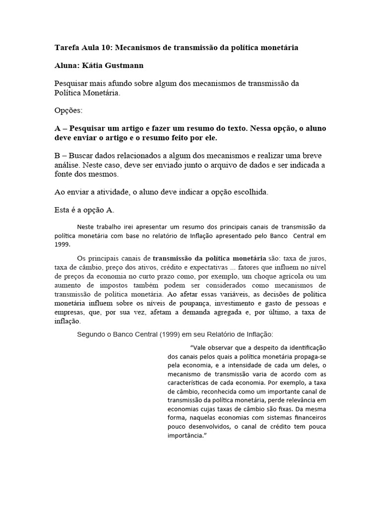 Artigo Resumo Tarefa 10 Economia Monetária | Download grátis PDF | Política monetária | Economia
