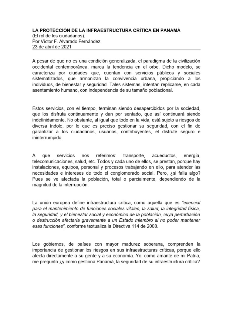 Protección de Infraestructura Crítica en Panamá | PDF | Infraestructura | Valores